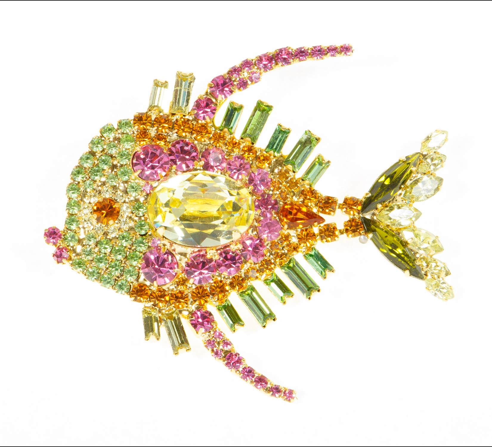 Vibrant Yellow Pink and Orange Swarovski Stone Fish Pin with Movable T