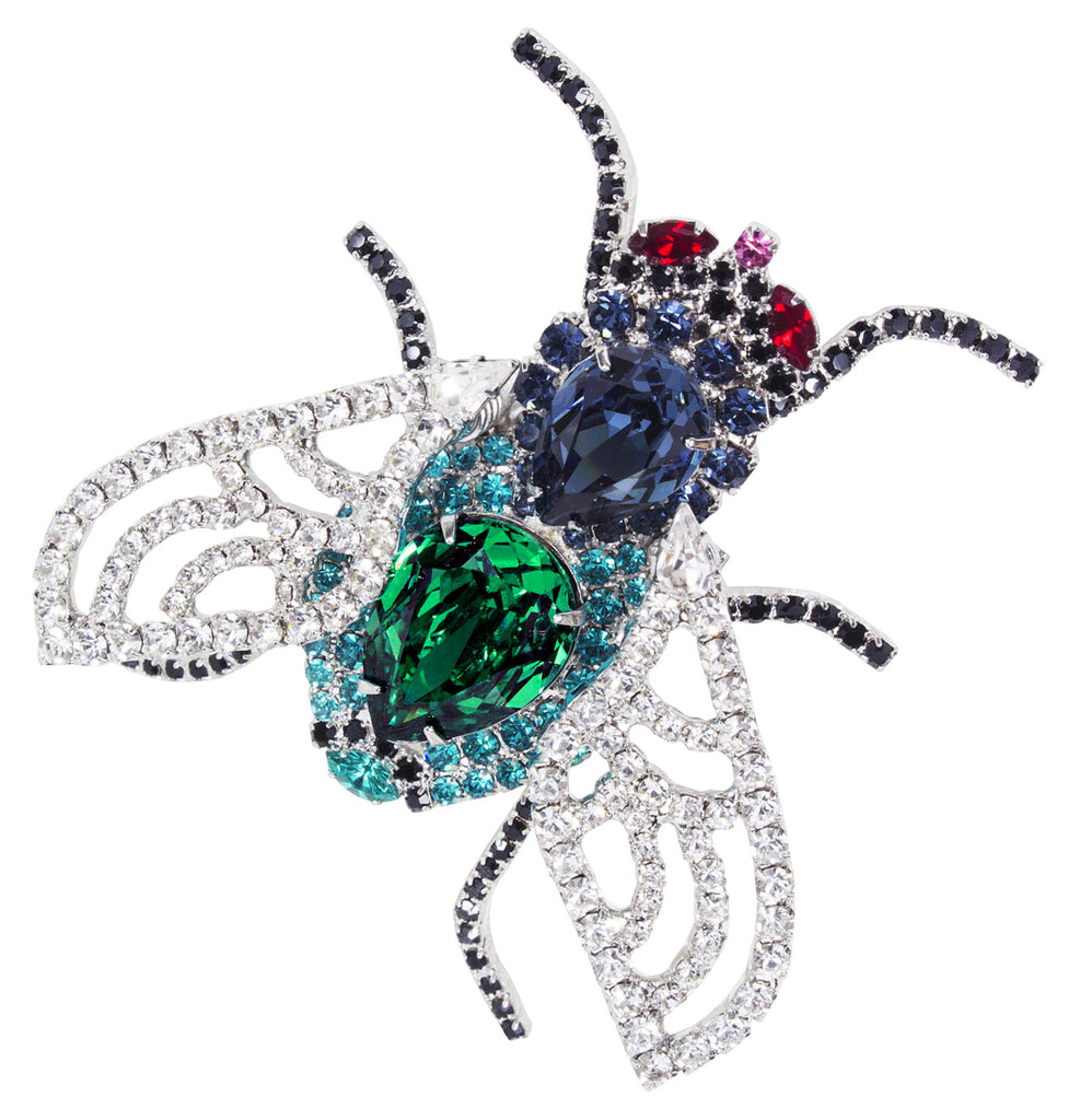 Fly Pin with Movable Wings using Swarovski Red, Black, Blue and Crysta